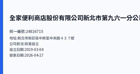 全家便利商店股份有限公司新北市第九六一分公司的照片-統編 24816715(新北市) 公司登記資料與營業項目詳細圖表