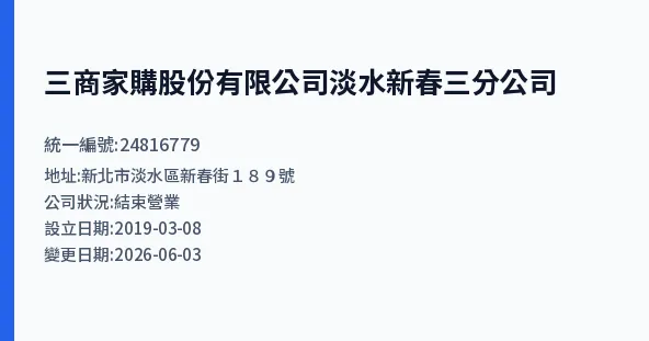 三商家購股份有限公司淡水新春三分公司的照片-統編 24816779(新北市) 公司登記資料與營業項目詳細圖表