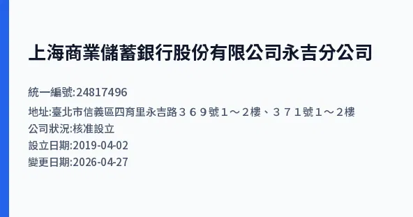 上海商業儲蓄銀行股份有限公司永吉分公司的照片-統編 24817496(臺北市) 公司登記資料與營業項目詳細圖表
