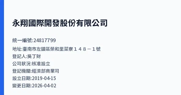 永翔國際開發股份有限公司的照片-統編 24817799(臺南市) 公司登記資料與營業項目詳細圖表