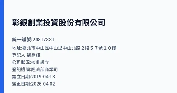彰銀創業投資股份有限公司的照片-統編 24817881(臺北市) 公司登記資料與營業項目詳細圖表