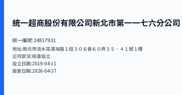 統一超商股份有限公司新北市第一一七六分公司的照片-統編 24817931(新北市) 公司登記資料與營業項目詳細圖表