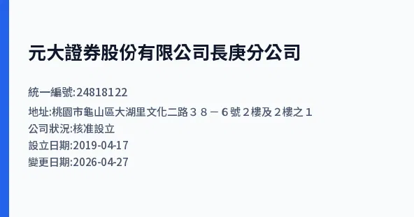 元大證券股份有限公司長庚分公司的照片-統編 24818122(桃園市) 公司登記資料與營業項目詳細圖表