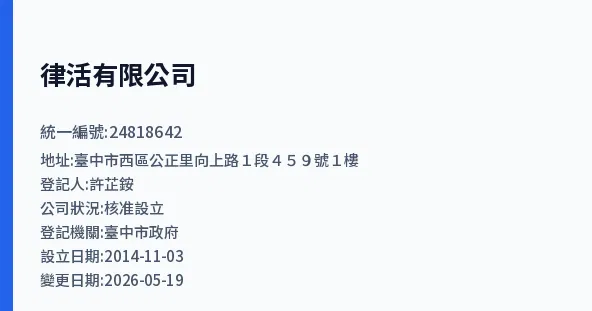 律活有限公司的照片-統編 24818642(臺中市) 公司登記資料與營業項目詳細圖表