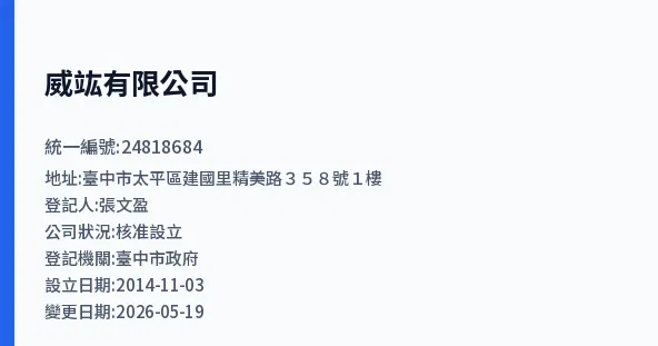 威竑有限公司的照片-統編 24818684(臺中市) 公司登記資料與營業項目詳細圖表