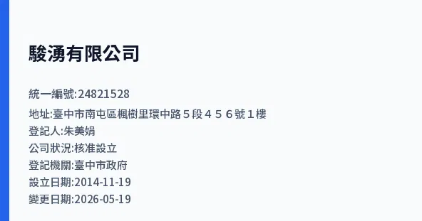 駿湧有限公司的照片-統編 24821528(臺中市) 公司登記資料與營業項目詳細圖表