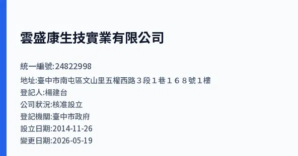 雲盛康生技實業有限公司的照片-統編 24822998(臺中市) 公司登記資料與營業項目詳細圖表