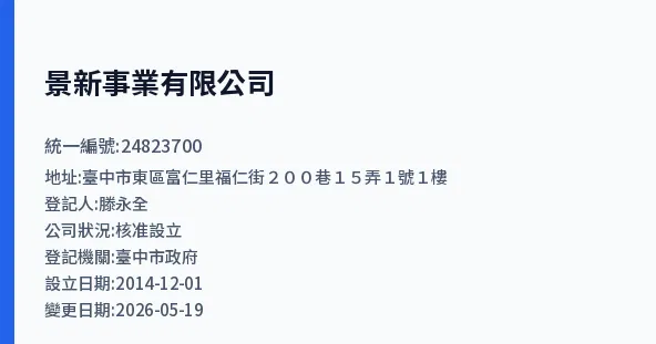 景新事業有限公司的照片-統編 24823700(臺中市) 公司登記資料與營業項目詳細圖表