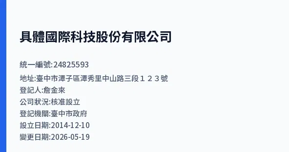 具體國際科技股份有限公司的照片-統編 24825593(臺中市) 公司登記資料與營業項目詳細圖表