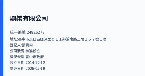 鼎桀有限公司的照片-統編 24826278(臺中市) 公司登記資料與營業項目詳細圖表
