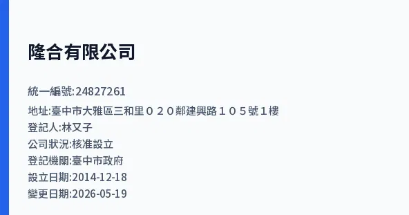 隆合有限公司的照片-統編 24827261(臺中市) 公司登記資料與營業項目詳細圖表