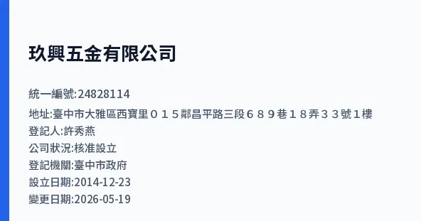 玖興五金有限公司的照片-統編 24828114(臺中市) 公司登記資料與營業項目詳細圖表