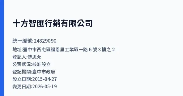 十方智匯行銷有限公司的照片-統編 24829090(臺中市) 公司登記資料與營業項目詳細圖表