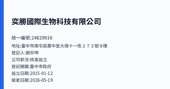 奕勝國際生物科技有限公司的照片-統編 24829916(臺中市) 公司登記資料與營業項目詳細圖表