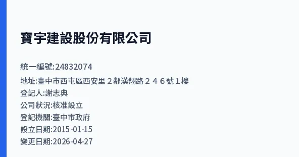 寶宇建設股份有限公司的照片-統編 24832074(臺中市) 公司登記資料與營業項目詳細圖表