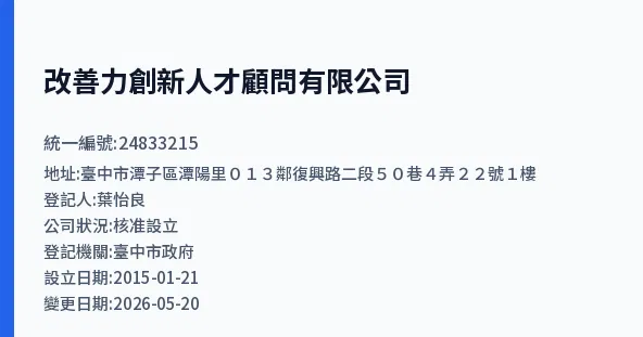 改善力創新人才顧問有限公司的照片-統編 24833215(臺中市) 公司登記資料與營業項目詳細圖表