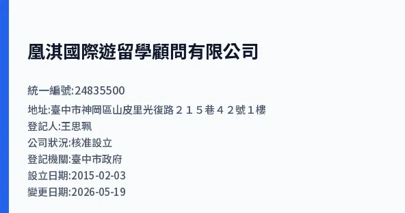 凰淇國際遊留學顧問有限公司的照片-統編 24835500(臺中市) 公司登記資料與營業項目詳細圖表