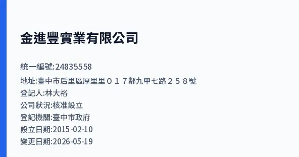 金進豐實業有限公司的照片-統編 24835558(臺中市) 公司登記資料與營業項目詳細圖表
