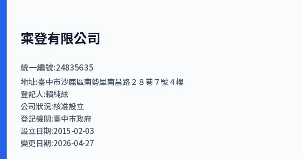 寀登有限公司的照片-統編 24835635(臺中市) 公司登記資料與營業項目詳細圖表