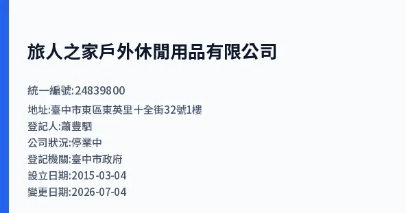 旅人之家戶外休閒用品有限公司的照片-統編 24839800(臺中市) 公司登記資料與營業項目詳細圖表
