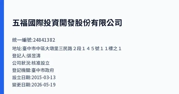 五福國際投資開發股份有限公司的照片-統編 24841382(臺中市) 公司登記資料與營業項目詳細圖表