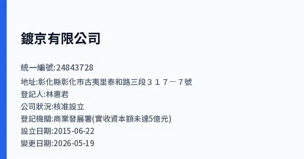 鍍京有限公司的照片-統編 24843728(彰化縣) 公司登記資料與營業項目詳細圖表