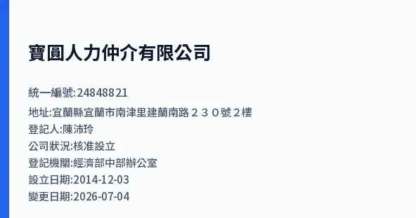 寶圓人力仲介有限公司的照片-統編 24848821(宜蘭縣) 公司登記資料與營業項目詳細圖表
