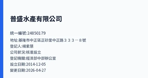 普盛水產有限公司的照片-統編 24850179(基隆市) 公司登記資料與營業項目詳細圖表