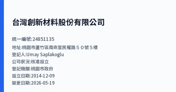 台灣創新材料股份有限公司的照片-統編 24851135(桃園市) 公司登記資料與營業項目詳細圖表