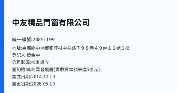 中友精品門窗有限公司的照片-統編 24851199(嘉義縣) 公司登記資料與營業項目詳細圖表
