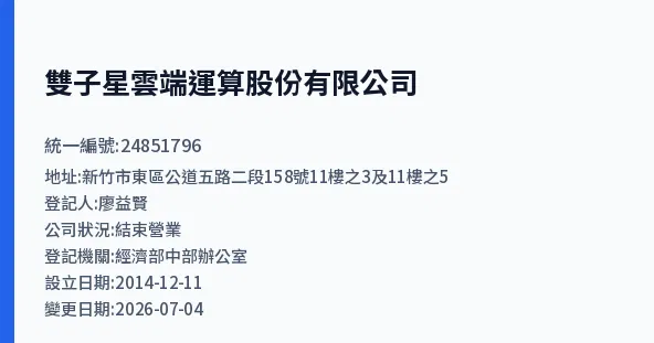 雙子星雲端運算股份有限公司的照片-統編 24851796(新竹市) 公司登記資料與營業項目詳細圖表
