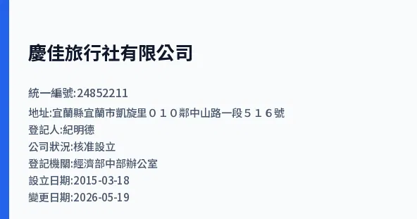 慶佳旅行社有限公司的照片-統編 24852211(宜蘭縣) 公司登記資料與營業項目詳細圖表