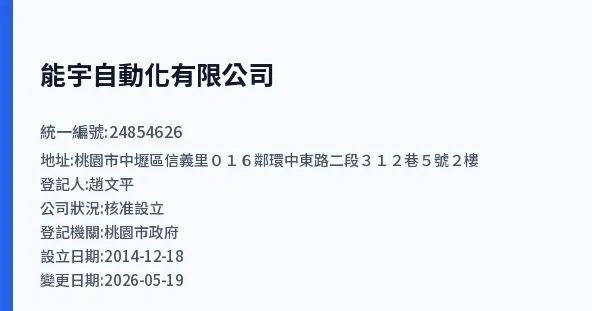 能宇自動化有限公司的照片-統編 24854626(桃園市) 公司登記資料與營業項目詳細圖表