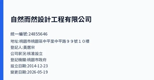 自然而然設計工程有限公司的照片-統編 24855646(桃園市) 公司登記資料與營業項目詳細圖表
