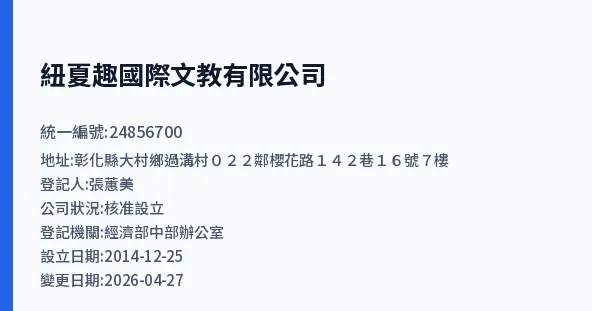 紐夏趣國際文教有限公司的照片-統編 24856700(彰化縣) 公司登記資料與營業項目詳細圖表
