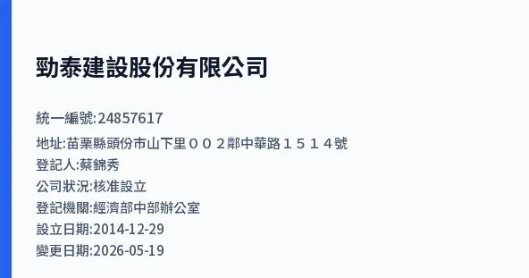 勁泰建設股份有限公司的照片-統編 24857617(苗栗縣) 公司登記資料與營業項目詳細圖表