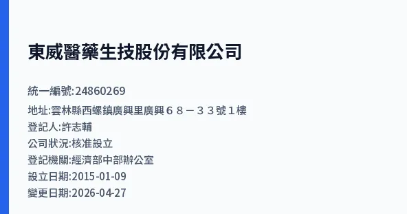 東威醫藥生技股份有限公司的照片-統編 24860269(雲林縣) 公司登記資料與營業項目詳細圖表