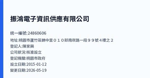 振鴻電子資訊供應有限公司的照片-統編 24860606(桃園市) 公司登記資料與營業項目詳細圖表
