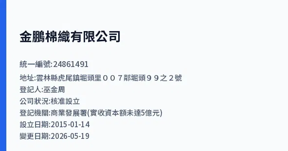金鵬棉織有限公司的照片-統編 24861491(雲林縣) 公司登記資料與營業項目詳細圖表