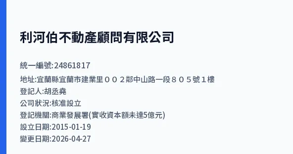 利河伯不動產顧問有限公司的照片-統編 24861817(宜蘭縣) 公司登記資料與營業項目詳細圖表