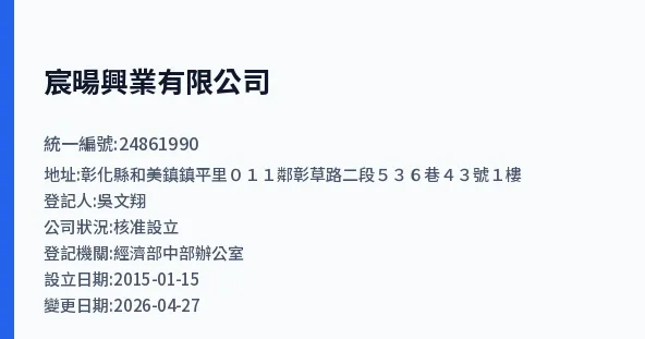 宸暘興業有限公司的照片-統編 24861990(彰化縣) 公司登記資料與營業項目詳細圖表