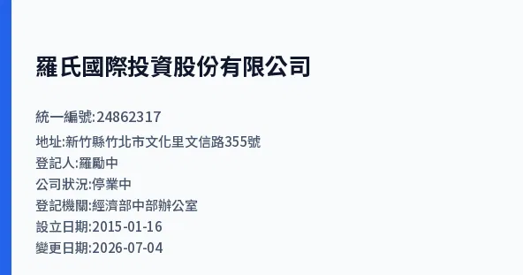 羅氏國際投資股份有限公司的照片-統編 24862317(新竹縣) 公司登記資料與營業項目詳細圖表