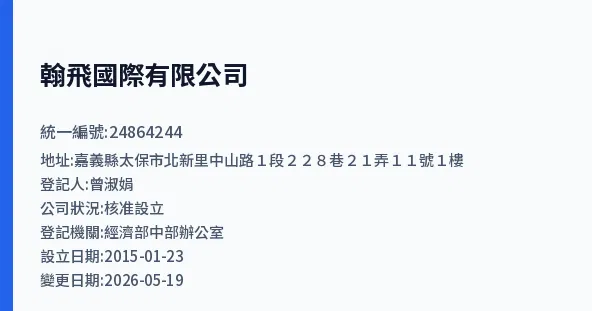 翰飛國際有限公司的照片-統編 24864244(嘉義縣) 公司登記資料與營業項目詳細圖表