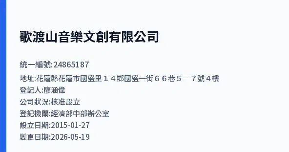 歌渡山音樂文創有限公司的照片-統編 24865187(花蓮縣) 公司登記資料與營業項目詳細圖表
