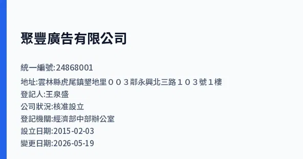聚豐廣告有限公司的照片-統編 24868001(雲林縣) 公司登記資料與營業項目詳細圖表