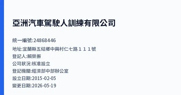 亞洲汽車駕駛人訓練有限公司的照片-統編 24868446(宜蘭縣) 公司登記資料與營業項目詳細圖表