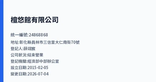 檀悠館有限公司的照片-統編 24868868(彰化縣) 公司登記資料與營業項目詳細圖表