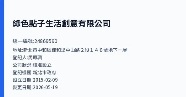 綠色點子生活創意有限公司的照片-統編 24869590(新北市) 公司登記資料與營業項目詳細圖表