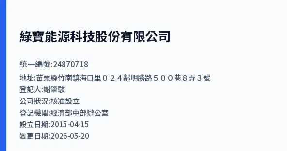 綠寶能源科技股份有限公司的照片-統編 24870718(苗栗縣) 公司登記資料與營業項目詳細圖表