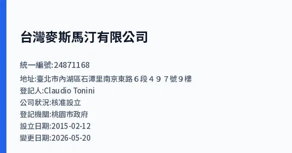 台灣麥斯馬汀有限公司的照片-統編 24871168(臺北市) 公司登記資料與營業項目詳細圖表